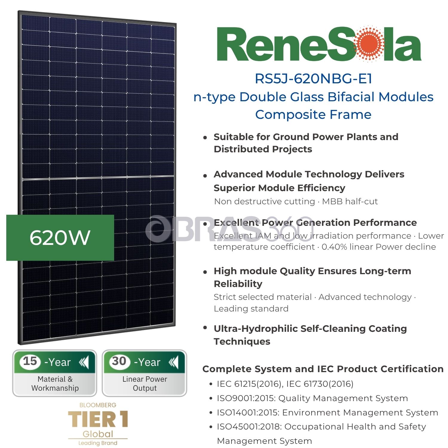 Módulo Fotovoltaico 620W Renesola Bifacial N-Type MBB Half-Cell RS5J-620NBG-E1 Composite Frame