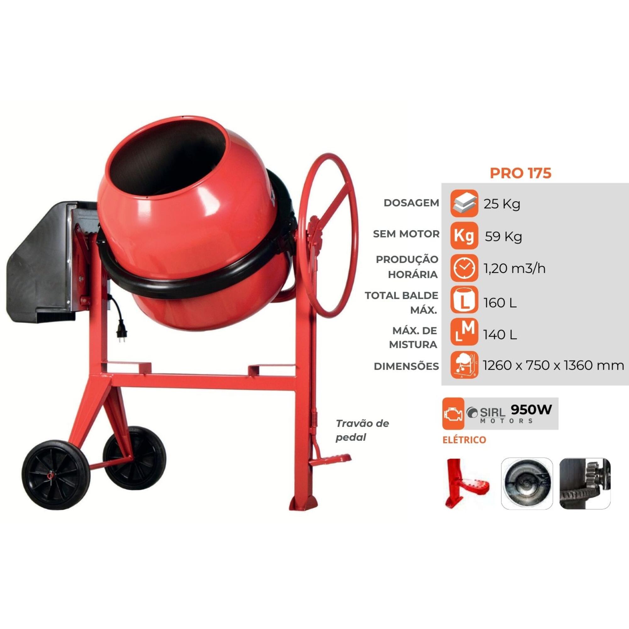 Betoneira PRO 175 160L Motor Elétrico 950W com Rodas Mistura Cimento ...